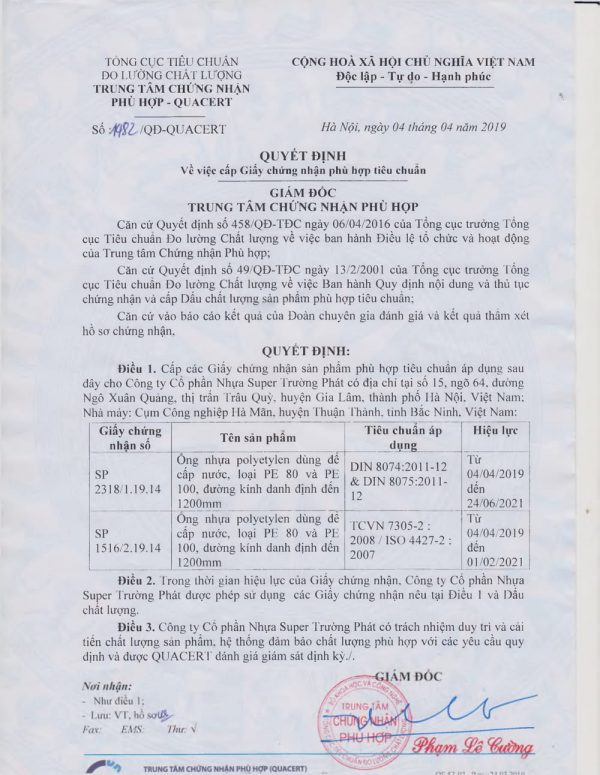 Giấy chứng nhận tiêu chuẩn Din HDPE 8074:2011-12 & DIN 8075:2011-12